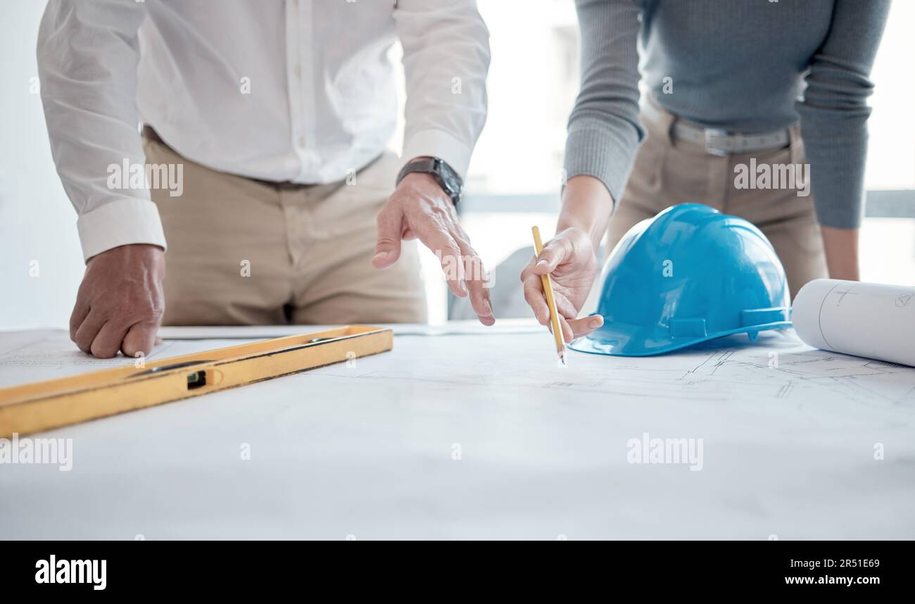 Planning, architecture and people with floor plan, sketch and drawing ...