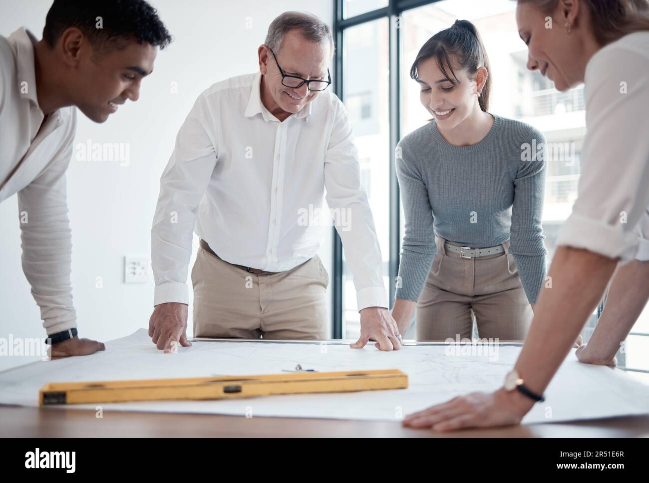 Planning, floor plan and business people in office meeting, teamwork ...