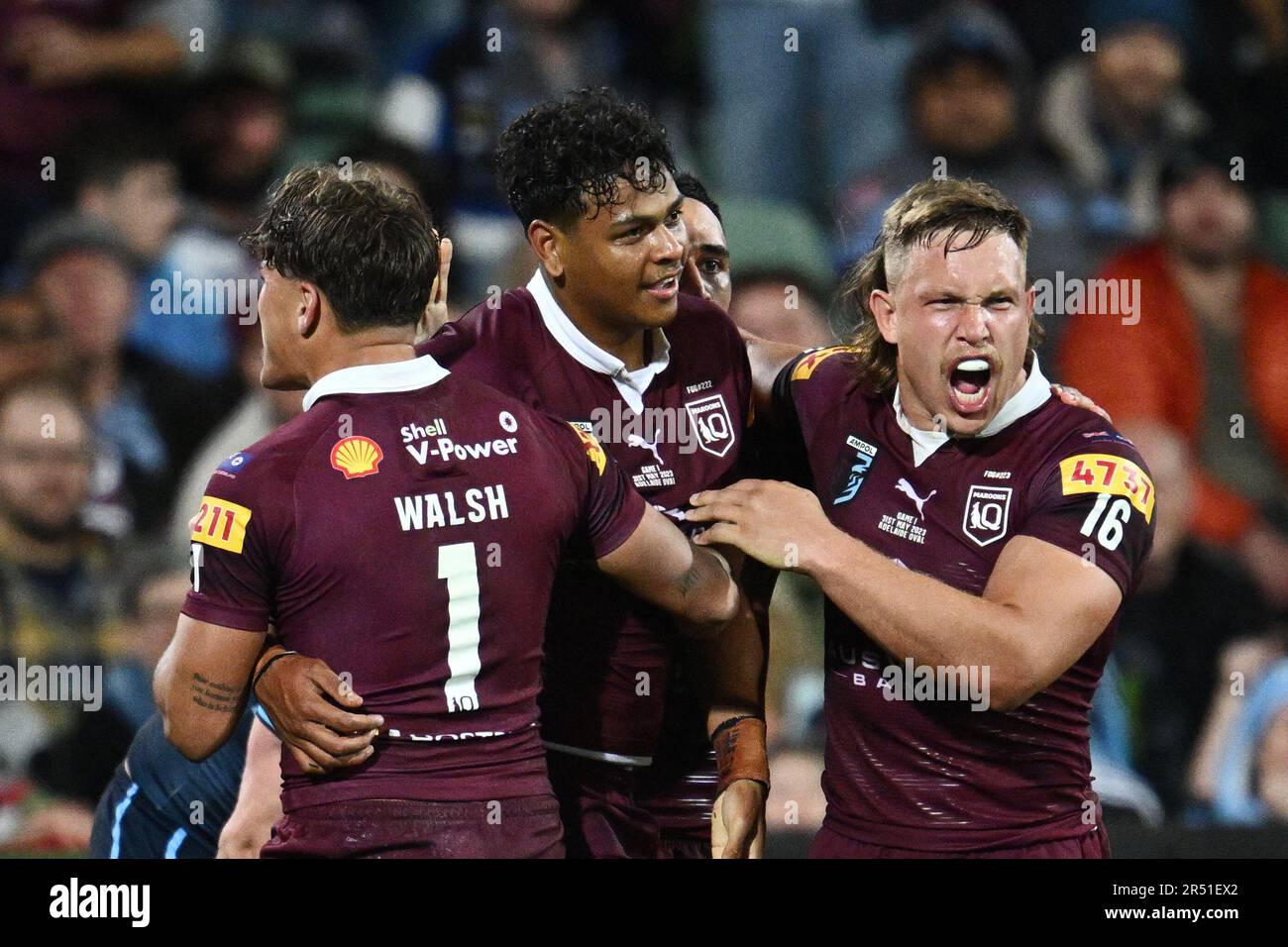 Adelaide, Australia. 31st May, 2023. The Maroons celebrate the 2nd try ...