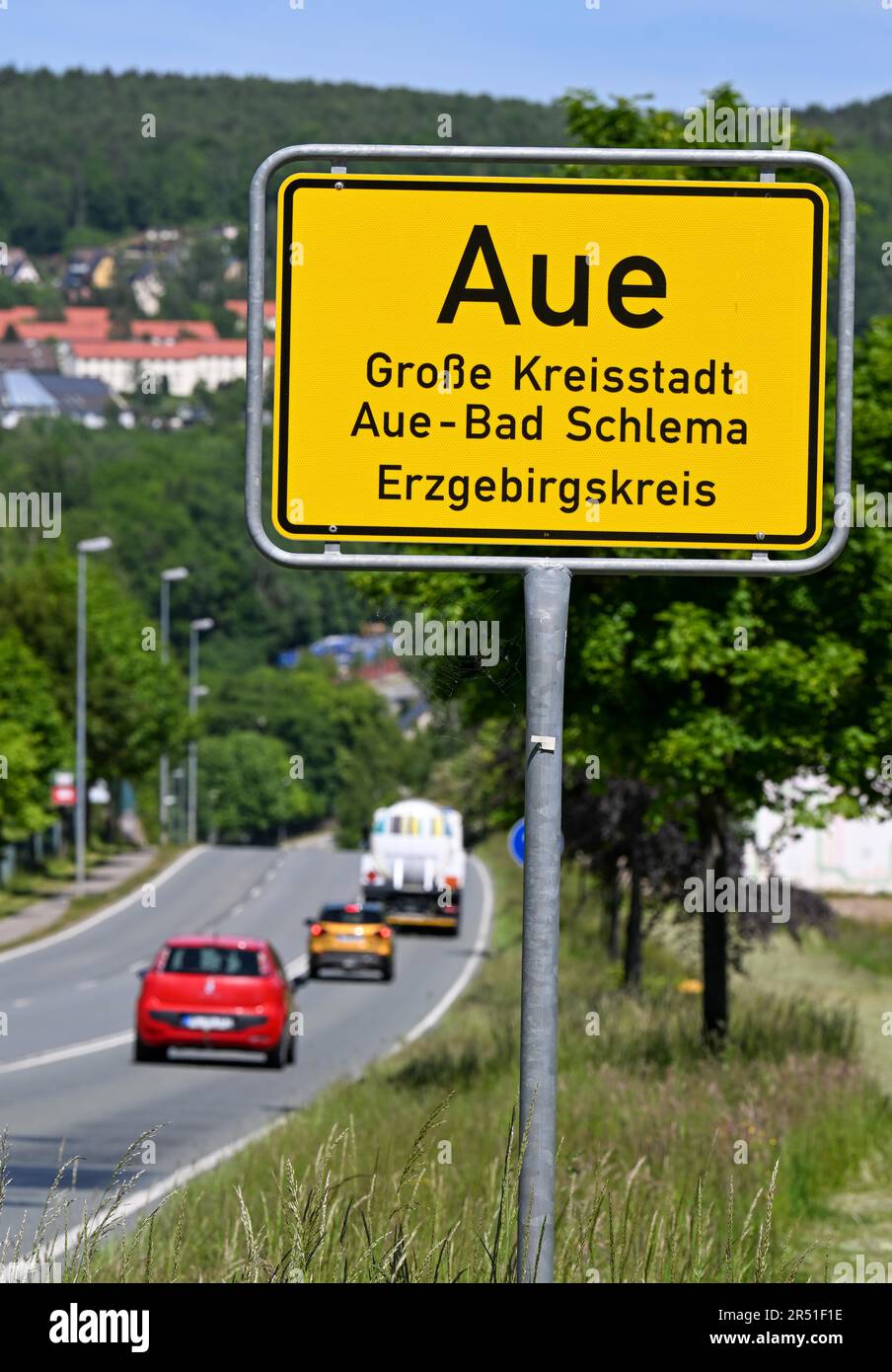 Aue, Germany. 31st May, 2023. View of the town sign of Aue. During ...