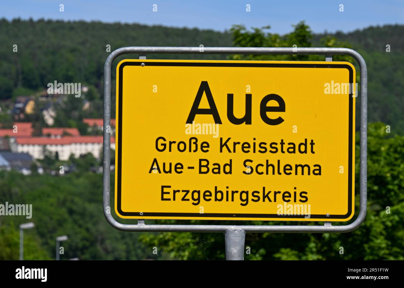 Aue, Germany. 31st May, 2023. View of the town sign of Aue. During ...