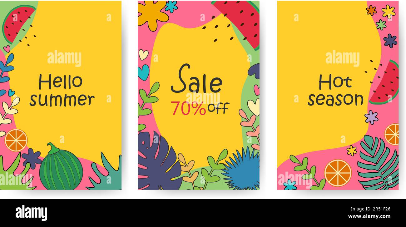 Summer sale vector poster set with discount text and summer elements in ...