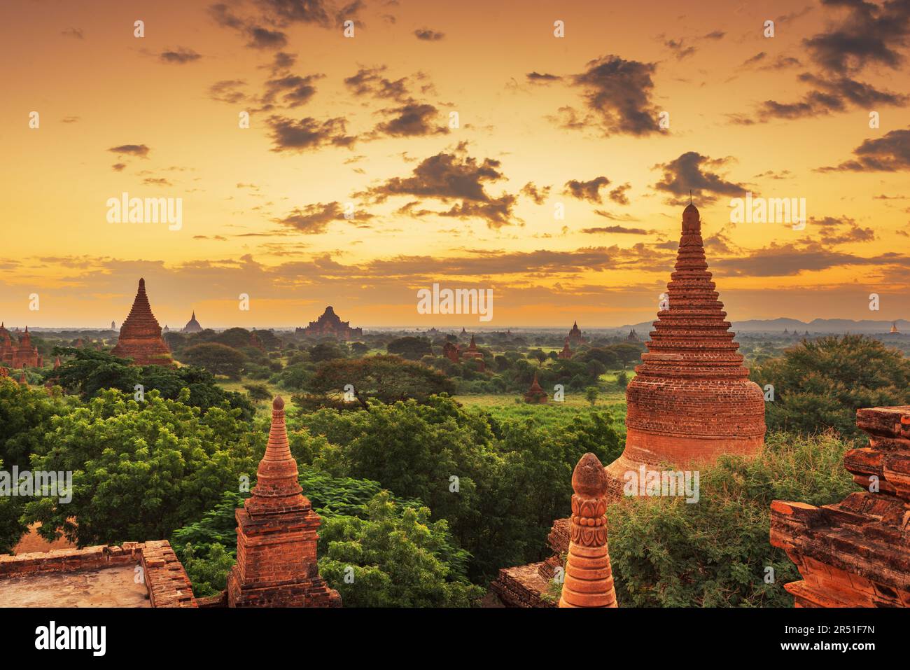 Bagan, Myanmar temples in the Archaeological Zone at dusk Stock Photo ...
