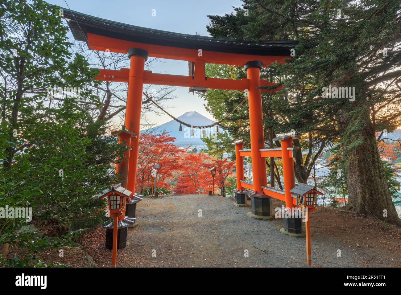 Fujiyoshida, Japan with the entrance gate to Arakura Sengen Shrine and ...