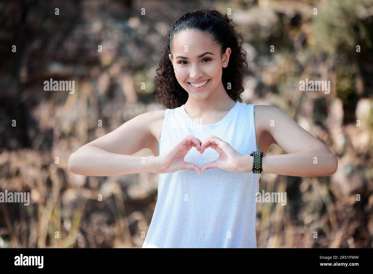 Happy woman, portrait smile and heart hands for fitness, healthy ...