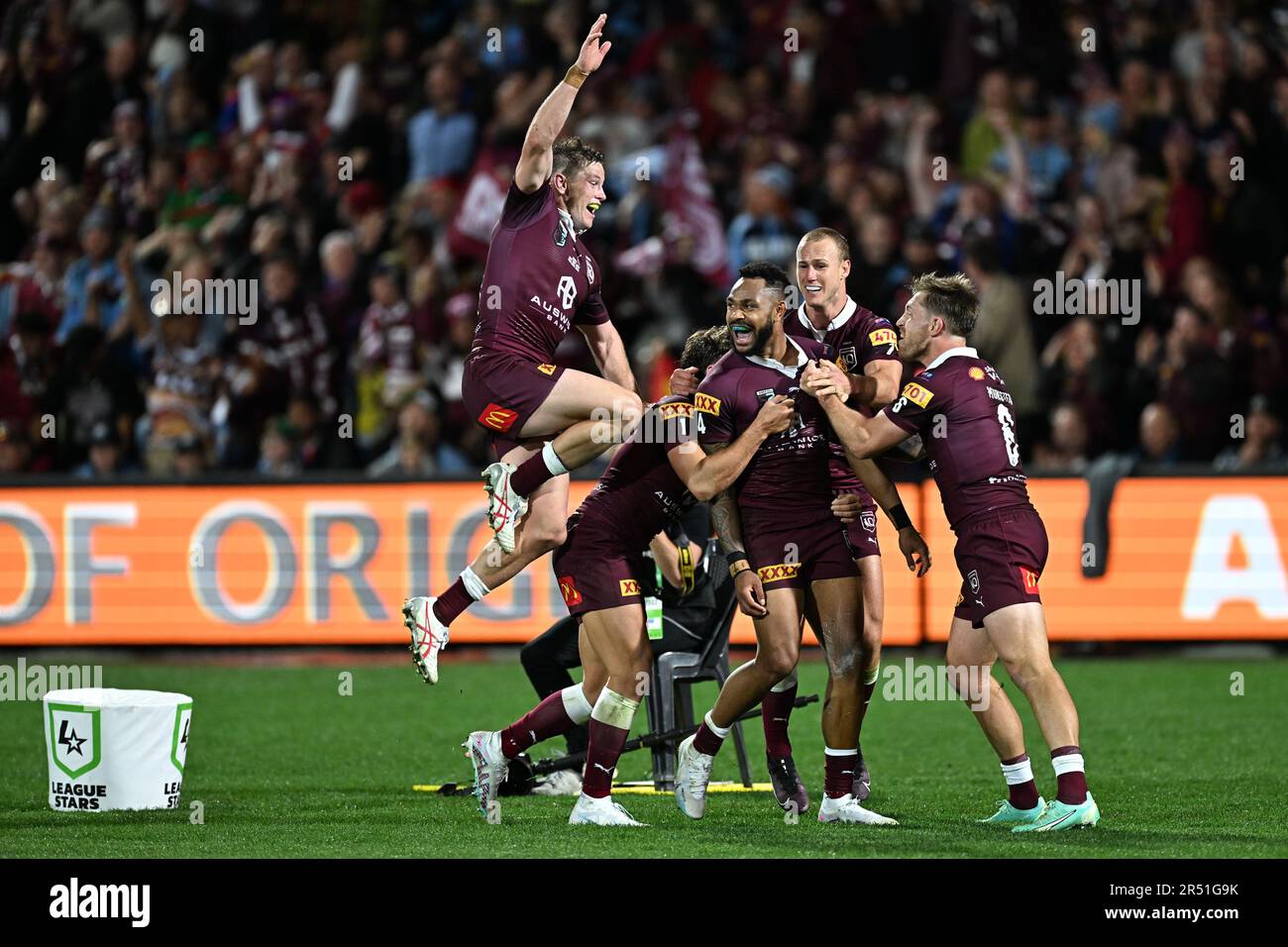Adelaide, Australia. 31st May, 2023. The MAroons celebrate Hamiso ...