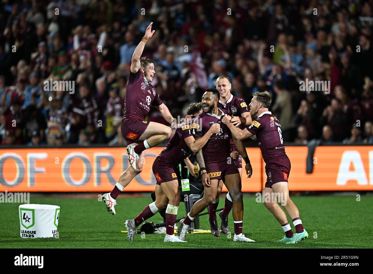 Adelaide, Australia. 31st May, 2023. The MAroons celebrate Hamiso ...