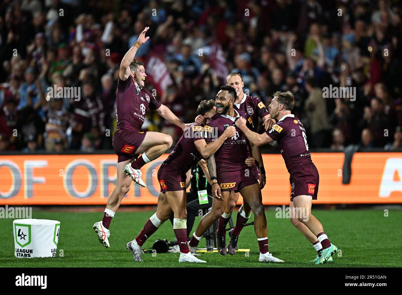 Adelaide, Australia. 31st May, 2023. The MAroons celebrate Hamiso ...