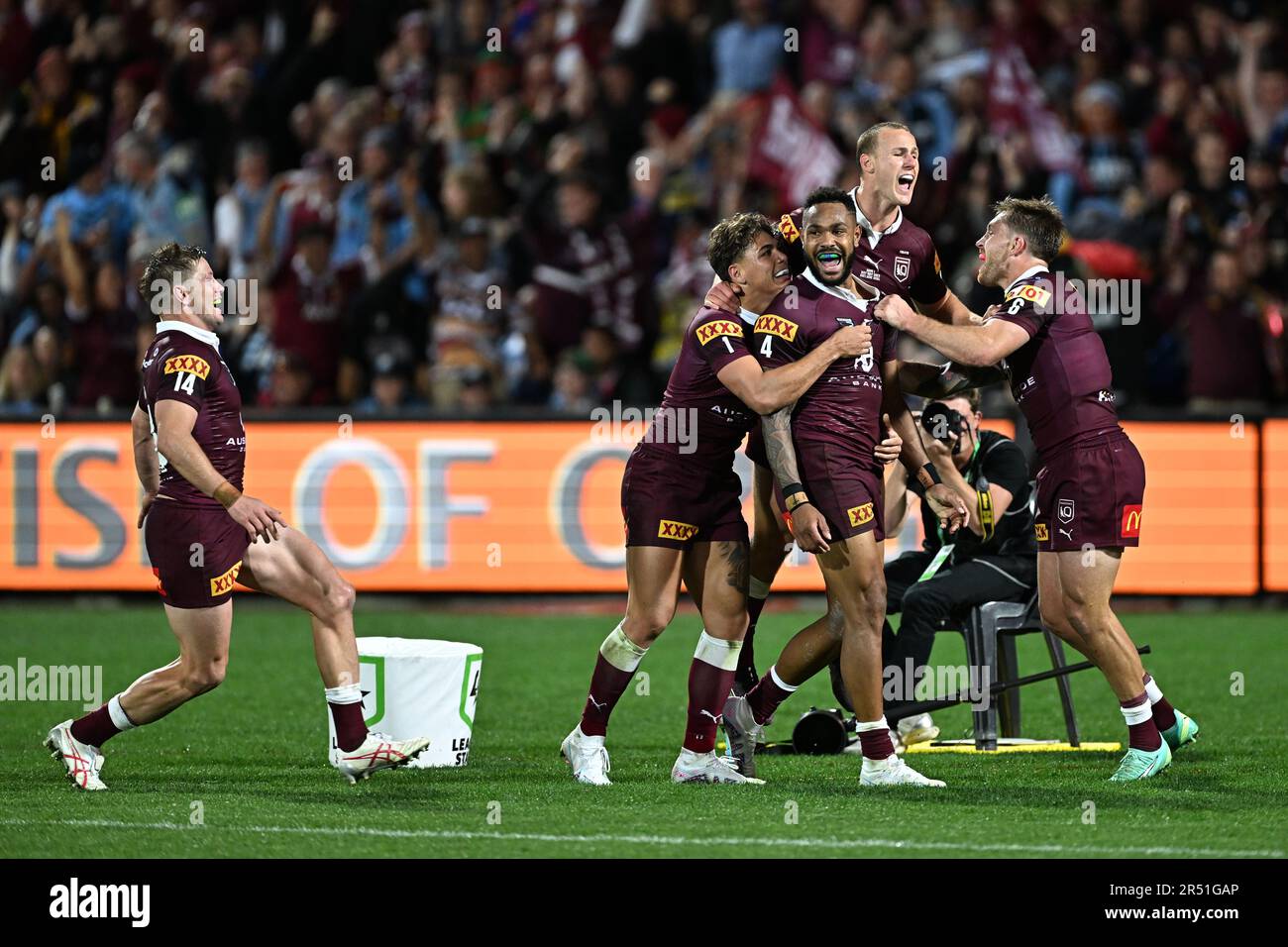 Adelaide, Australia. 31st May, 2023. The MAroons celebrate Hamiso ...