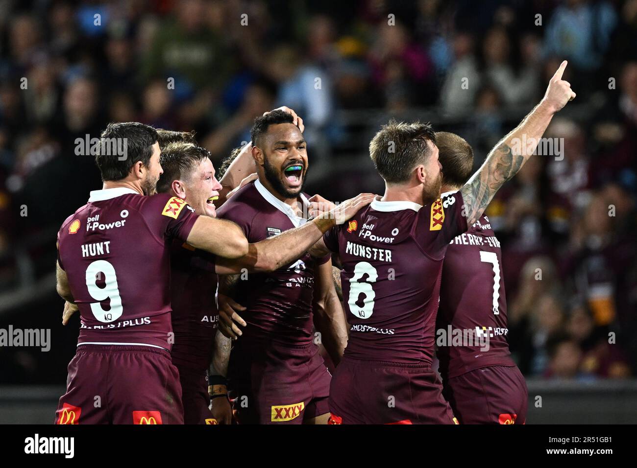 Adelaide, Australia. 31st May, 2023. The Maroons celebrate Hamiso ...