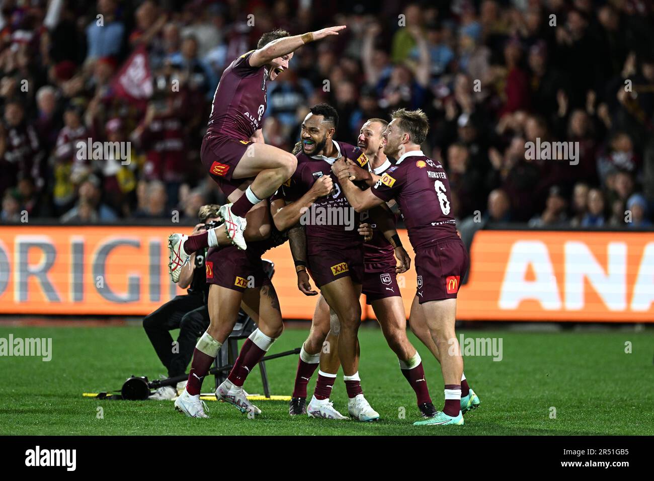 Adelaide, Australia. 31st May, 2023. The MAroons celebrate Hamiso ...