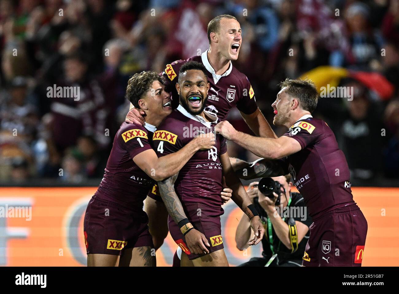 Adelaide, Australia. 31st May, 2023. The MAroons celebrate Hamiso ...