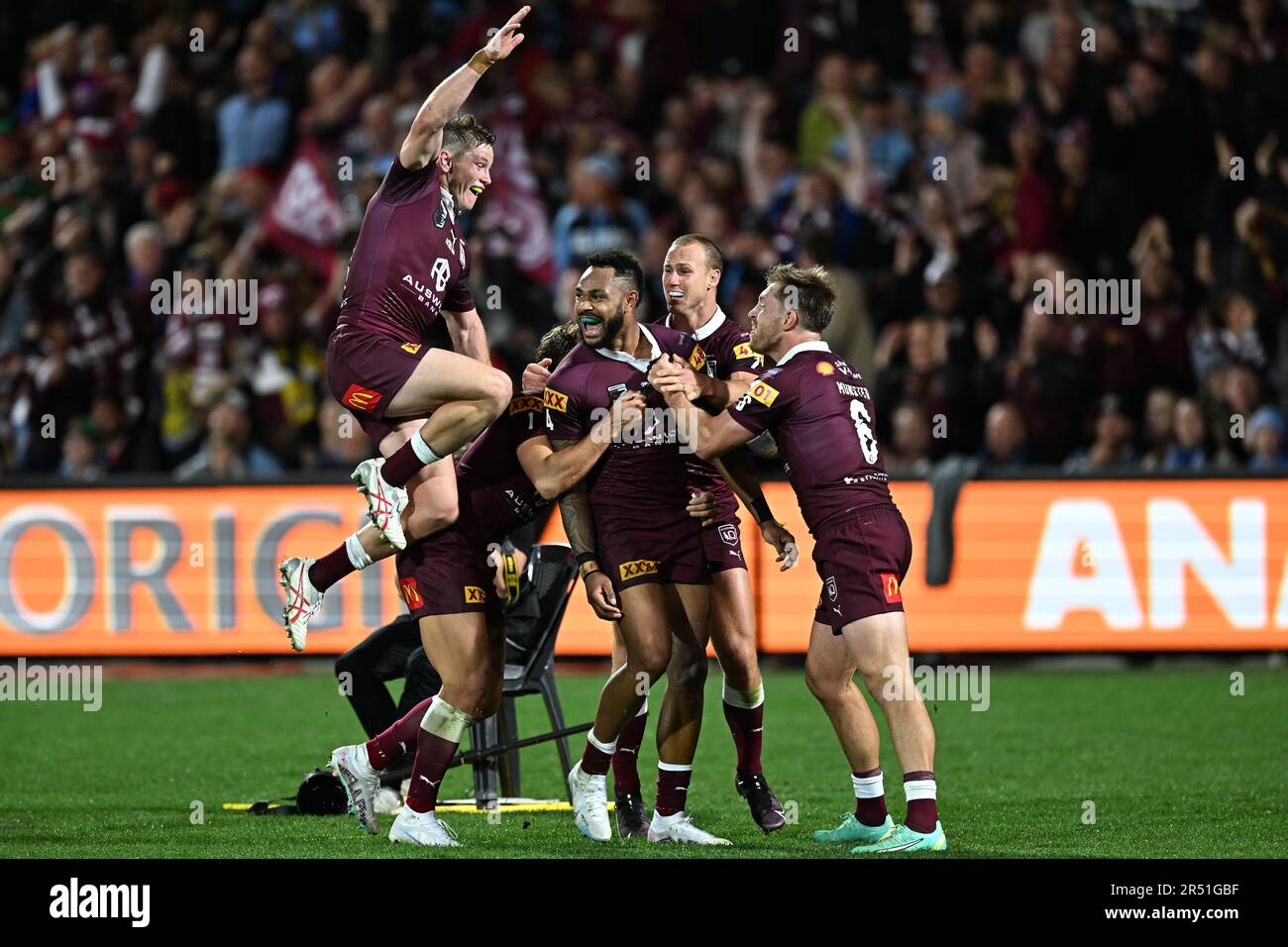 Adelaide, Australia. 31st May, 2023. The MAroons celebrate Hamiso ...