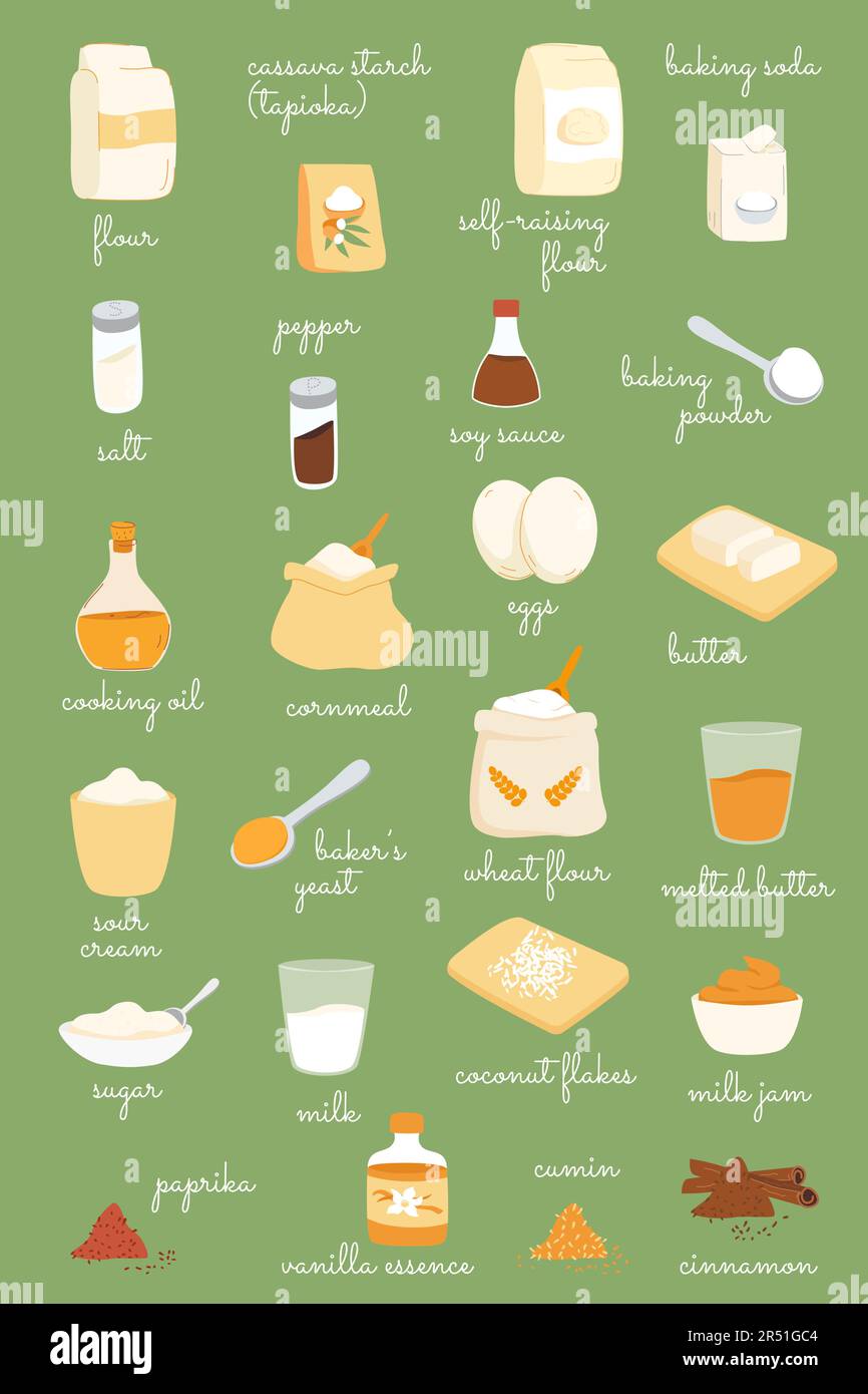 Baking ingredients poster. Hand drawn cooking elements set. Flour ...
