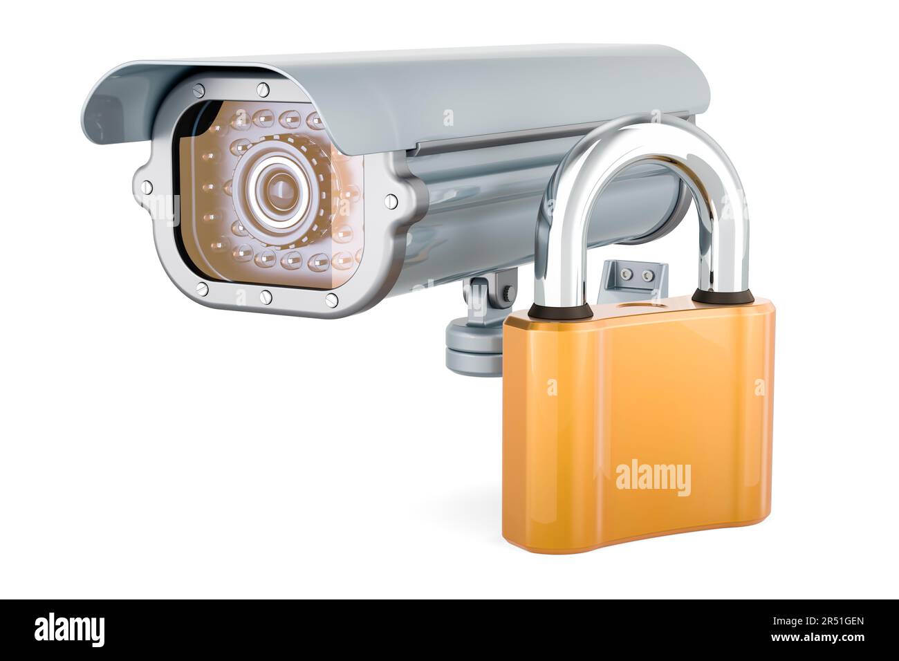 Security surveillance camera with padlock. 3D rendering isolated on ...