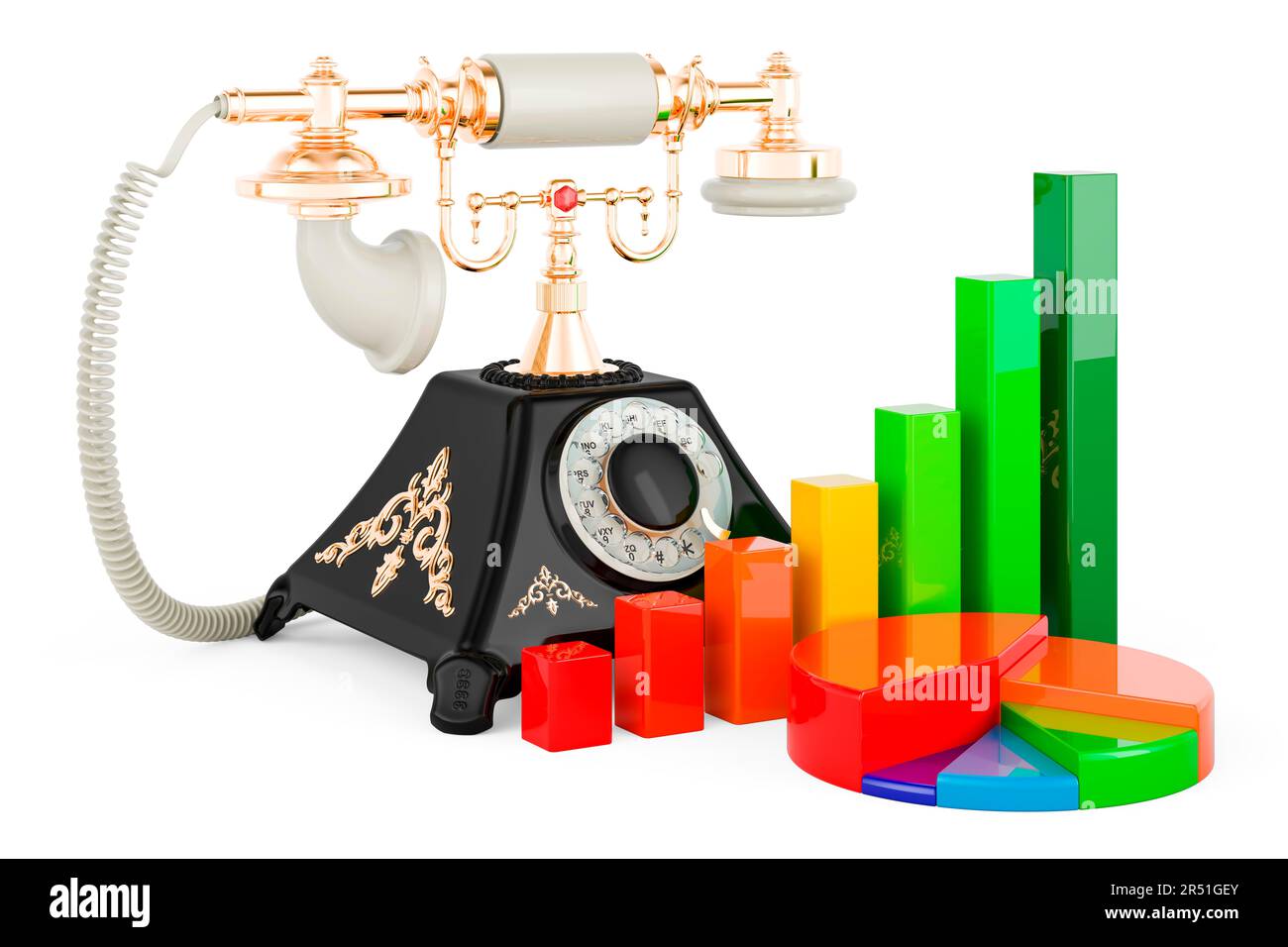 Old-fashioned phone with growth bar graph and pie chart, 3D rendering ...