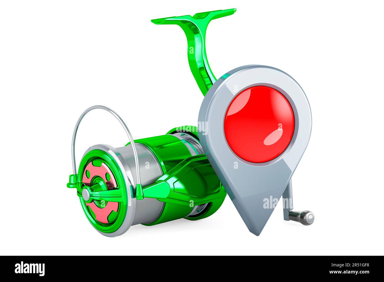 Spinning reel with map pointer, 3D rendering isolated on white ...