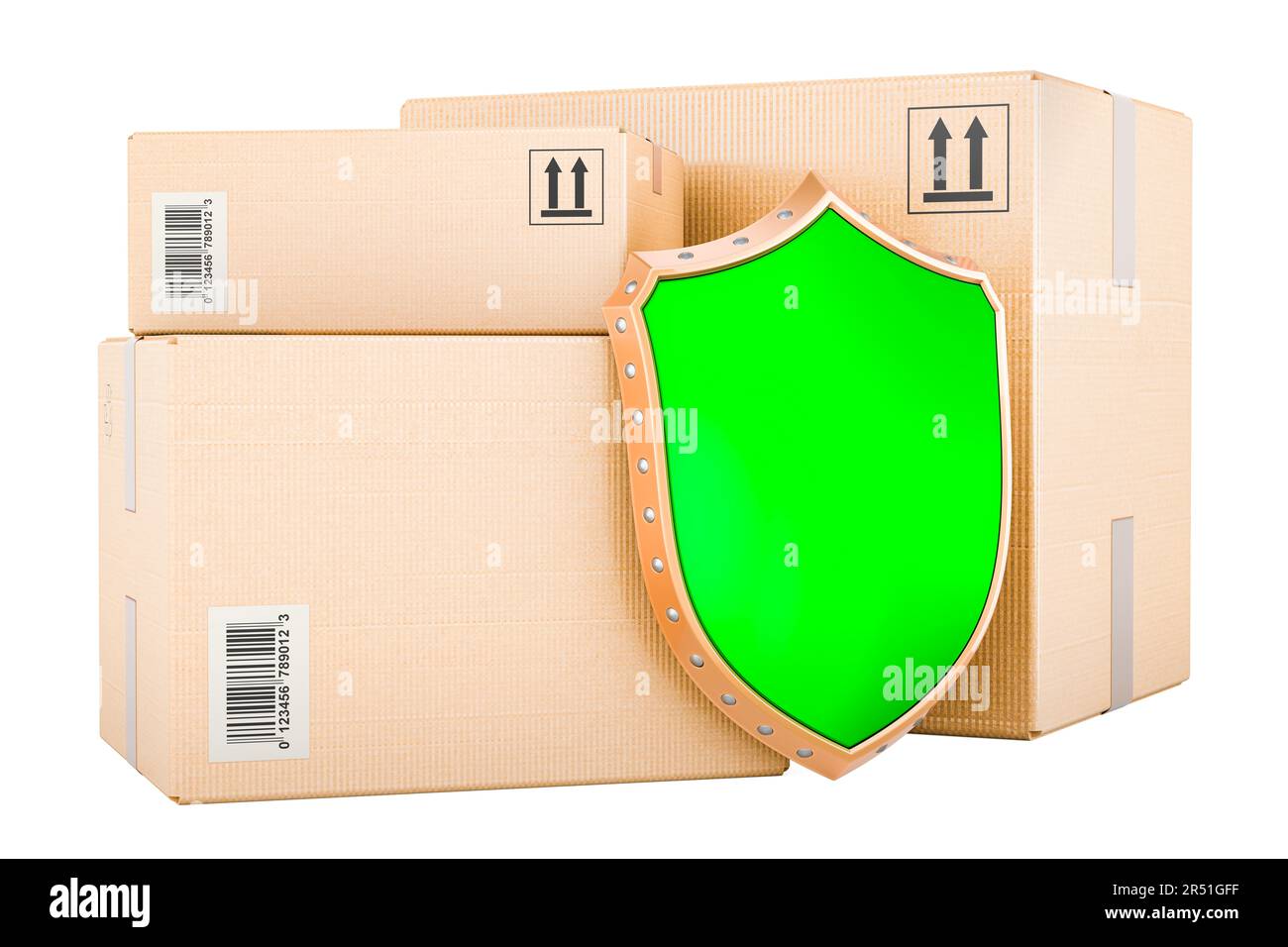 Three parcels with shield. 3D rendering isolated on whitebackground Stock Photo - Alamy