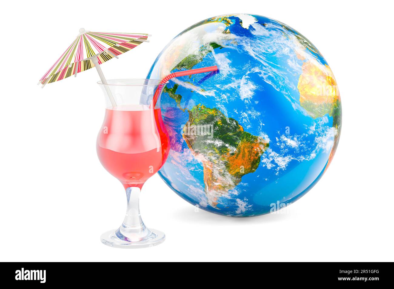 Tropical cocktail with Earth Globe. 3D rendering isolated on white ...