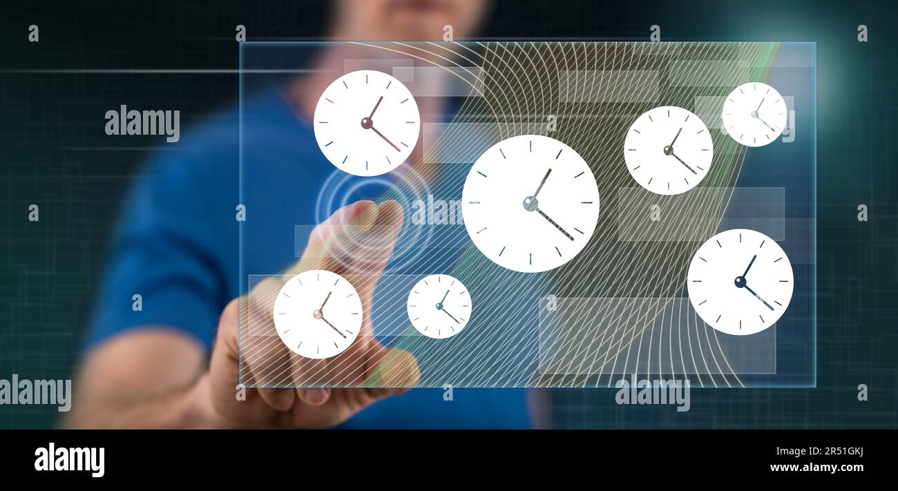 Man touching a time management concept on a touch screen with his ...