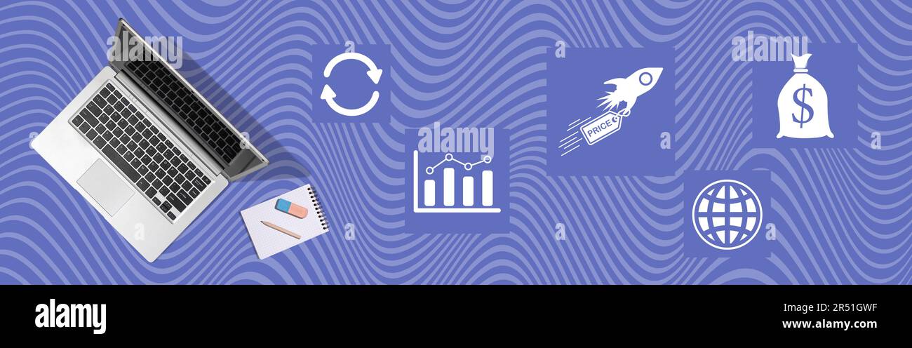 Top view of laptop with symbol of inflation concept Stock Photo - Alamy