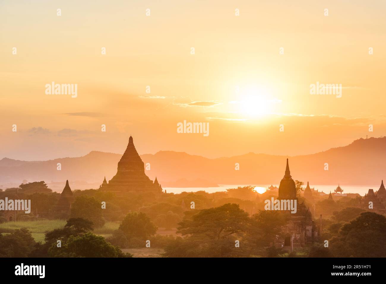 Bagan, Myanmar temples in the Archaeological Zone at dusk Stock Photo ...
