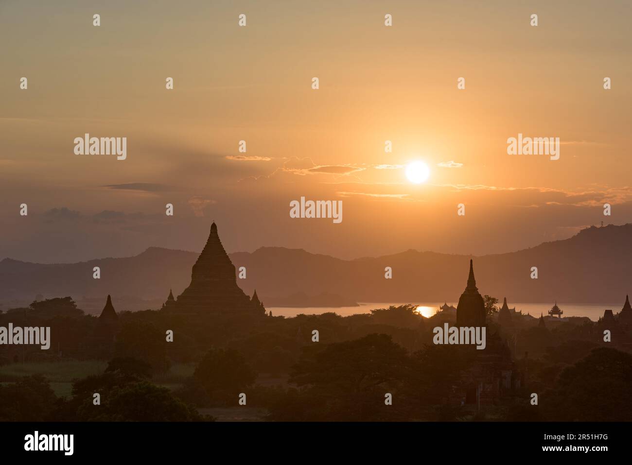 Bagan, Myanmar temples in the Archaeological Zone at dusk Stock Photo ...