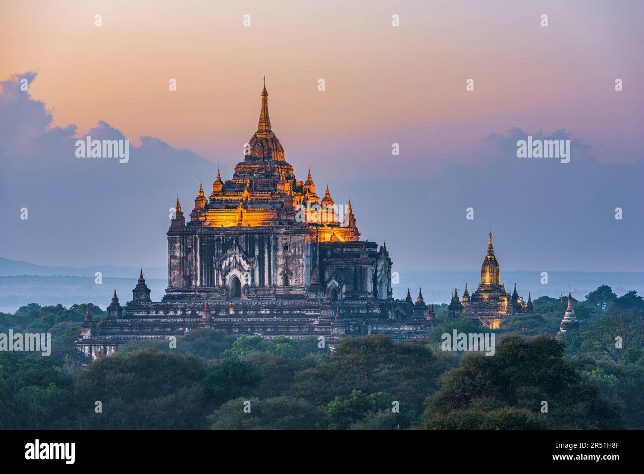 Bagan, Myanmar temples in the Archaeological Zone at dusk Stock Photo ...