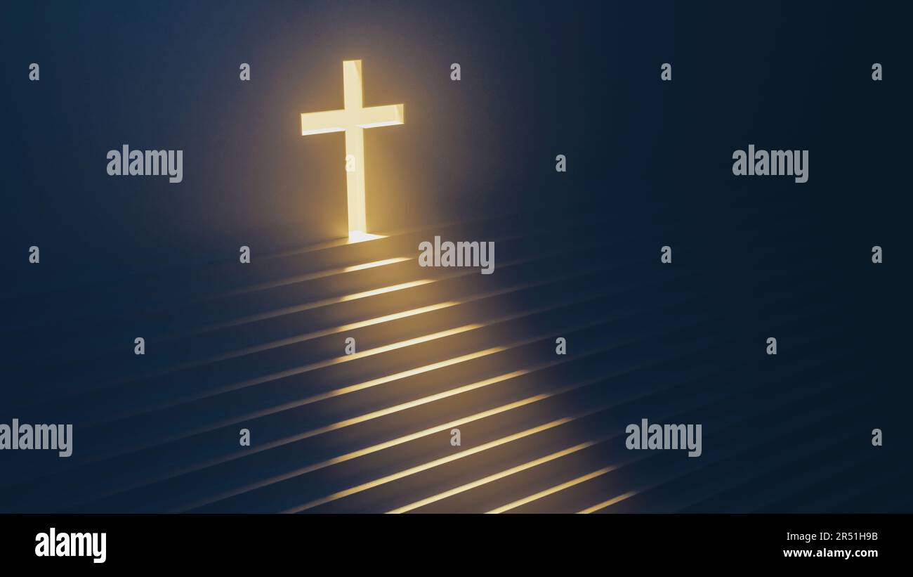 Glowing cross and a stairs leads to it - staircase to religion Stock ...