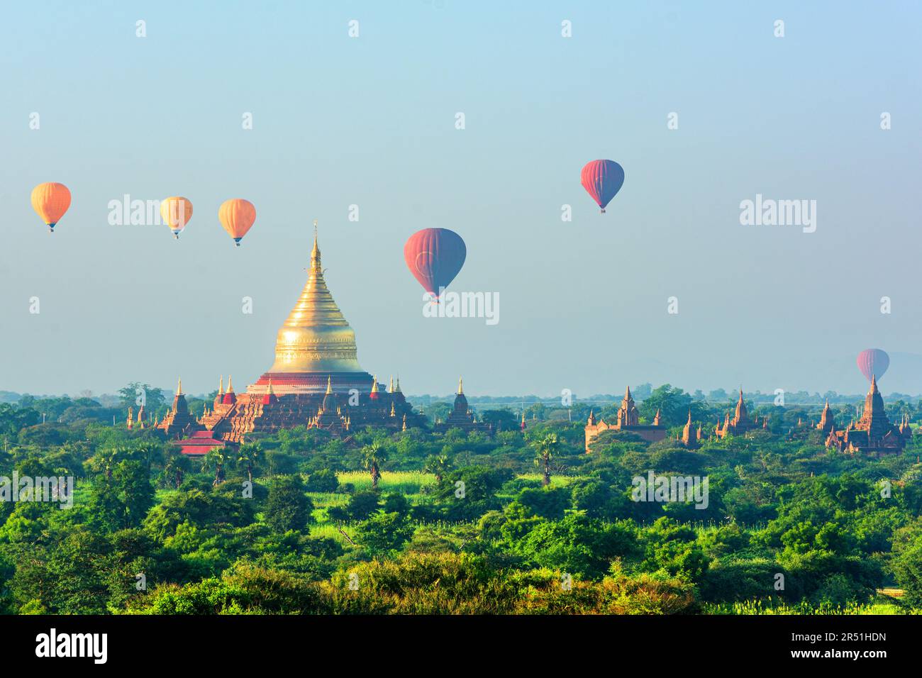 Bagan, Myanmar ancient temple ruins landscape with hot air balloons ...
