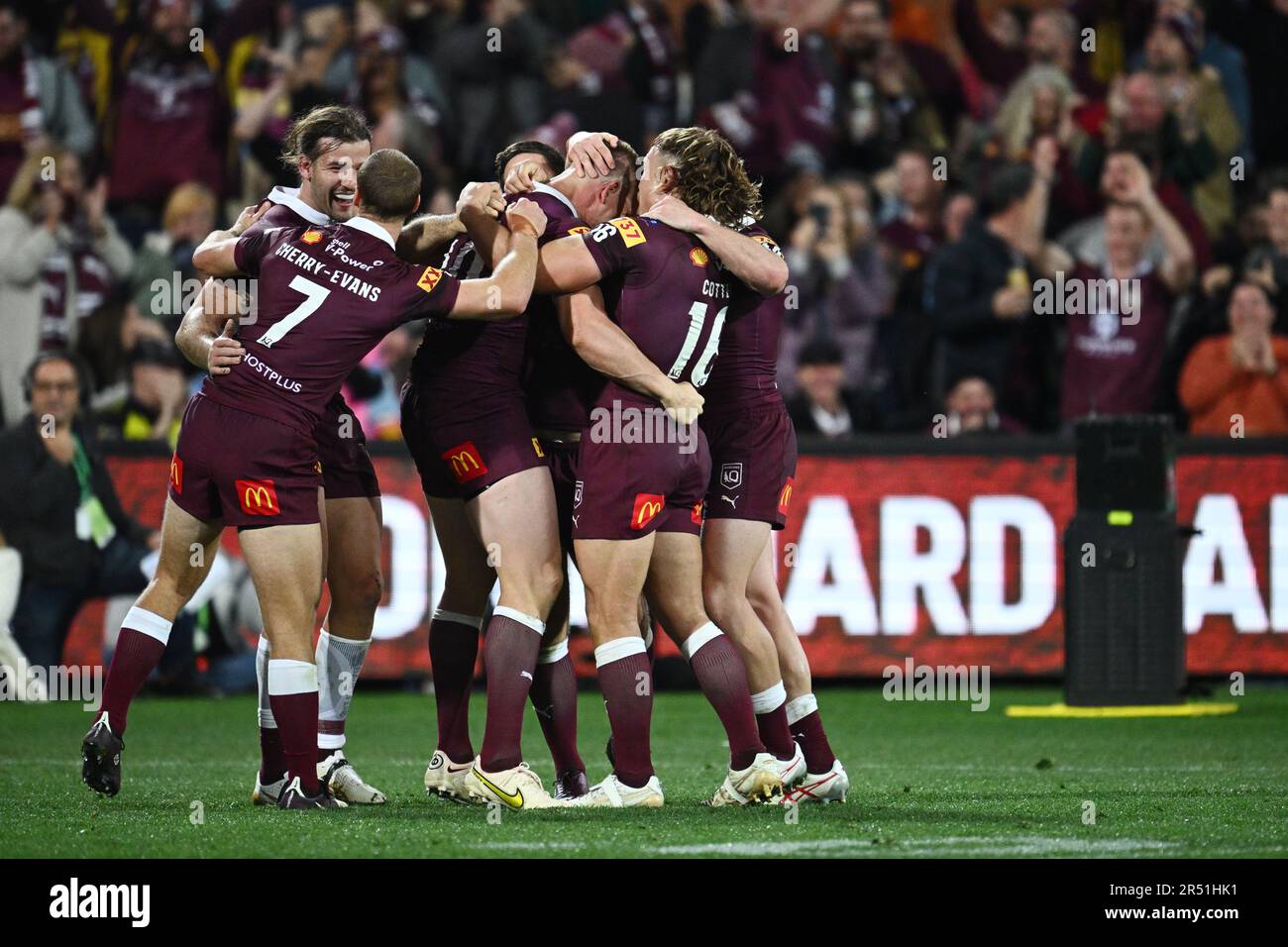 Adelaide, Australia. 31st May, 2023. The Maroons celebrate their win ...