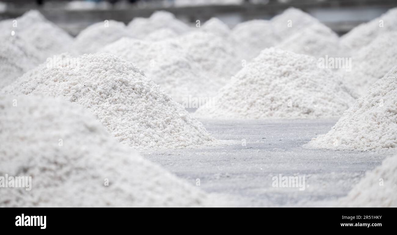 Sea salt farm. Pile of brine salt. Raw material of salt industrial ...