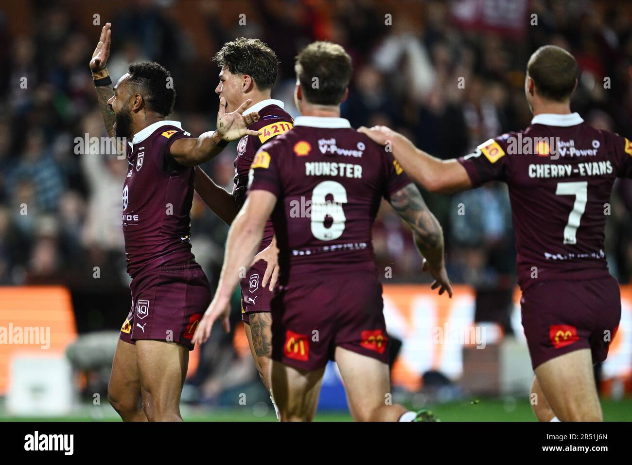Adelaide, Australia. 31st May, 2023. The Maroons celebrate during State ...