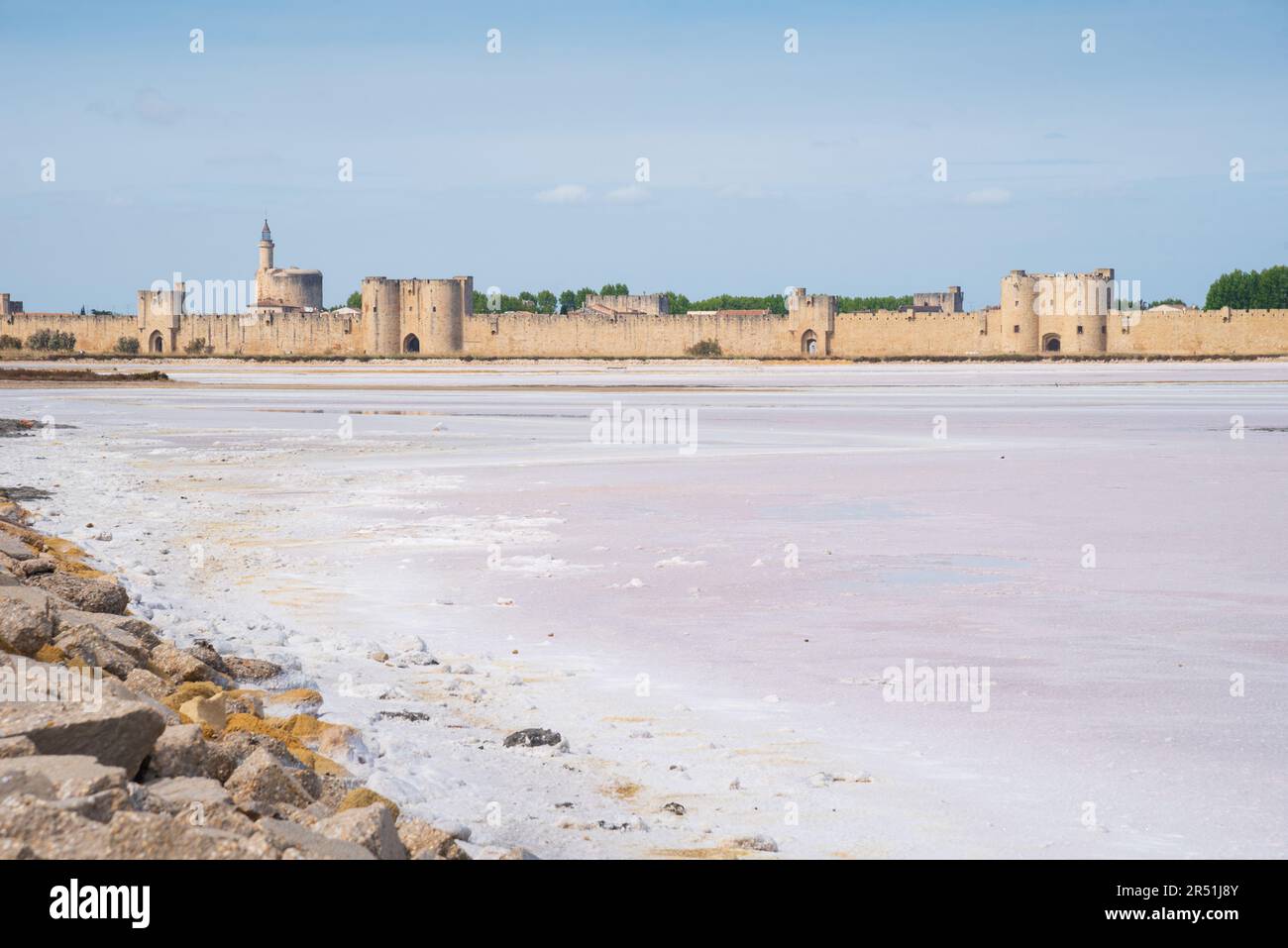 Pink salt marshes landscape near Aigues-Mortes, France. Medieval town ...
