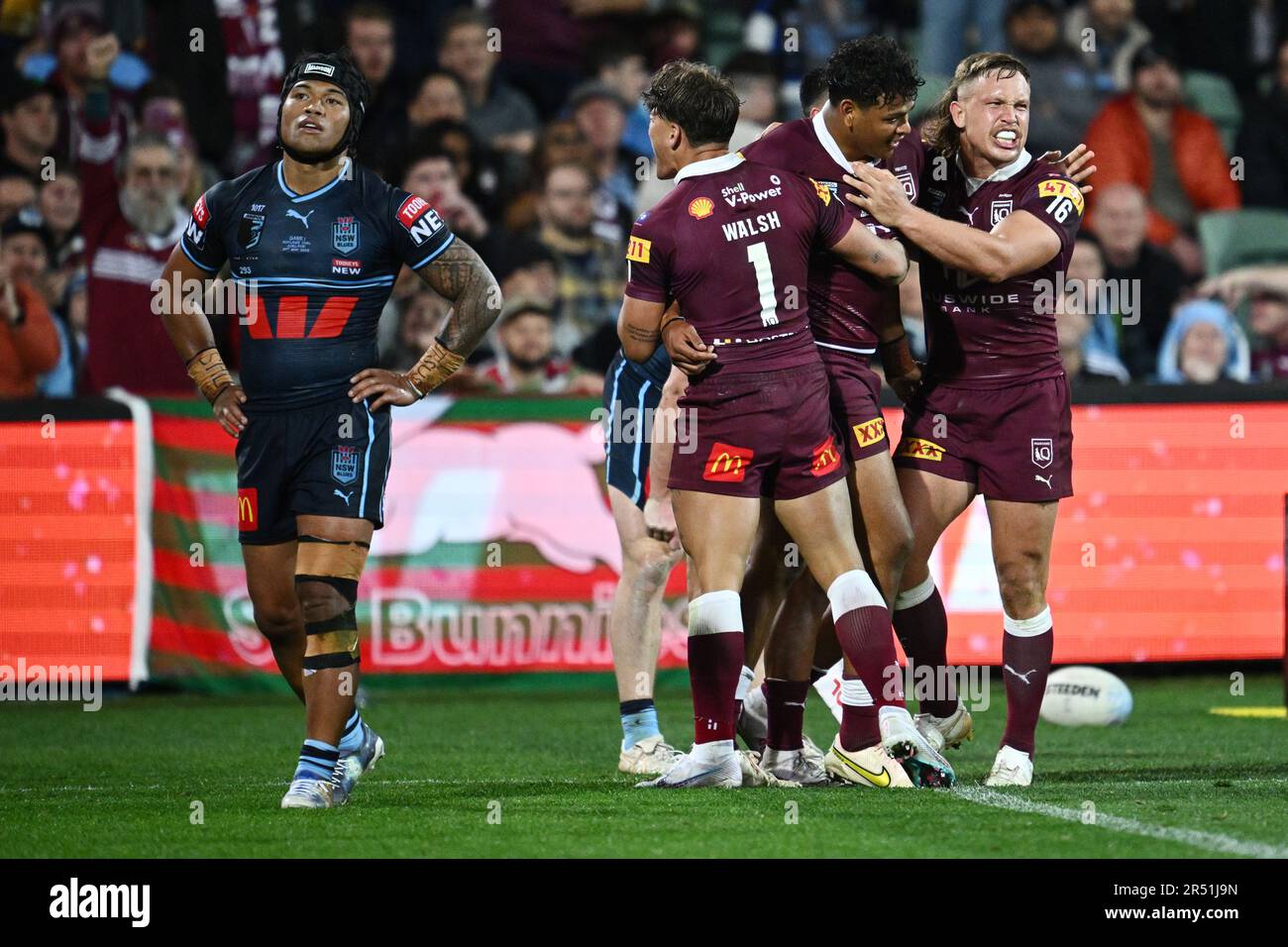 Adelaide, Australia. 31st May, 2023. The Maroons celebrate Selwyn Cobbo ...