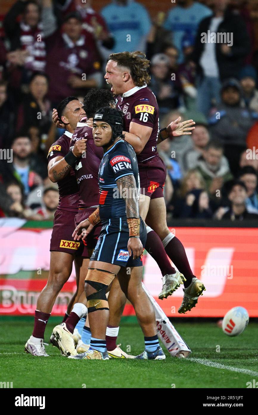 Adelaide, Australia. 31st May, 2023. The Maroons celebrate Selwyn Cobbo ...