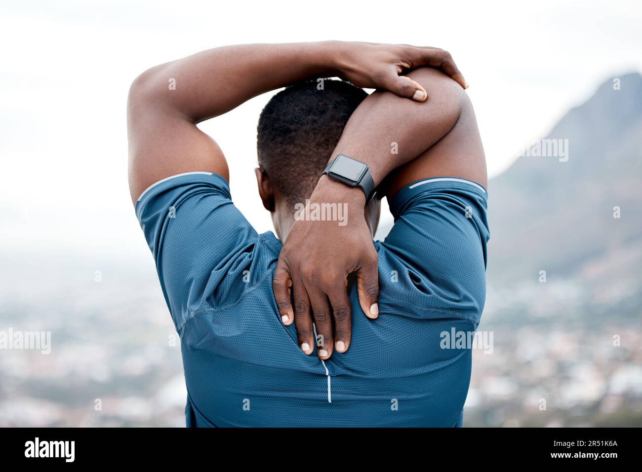 Stretching, fitness and back of black man in nature for exercise ...