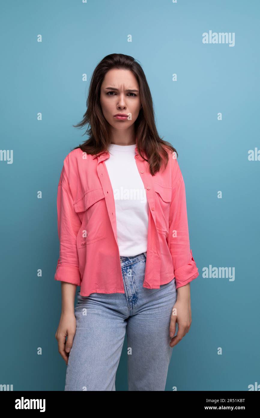 sad upset brunette woman with below shoulder length hair isolated ...