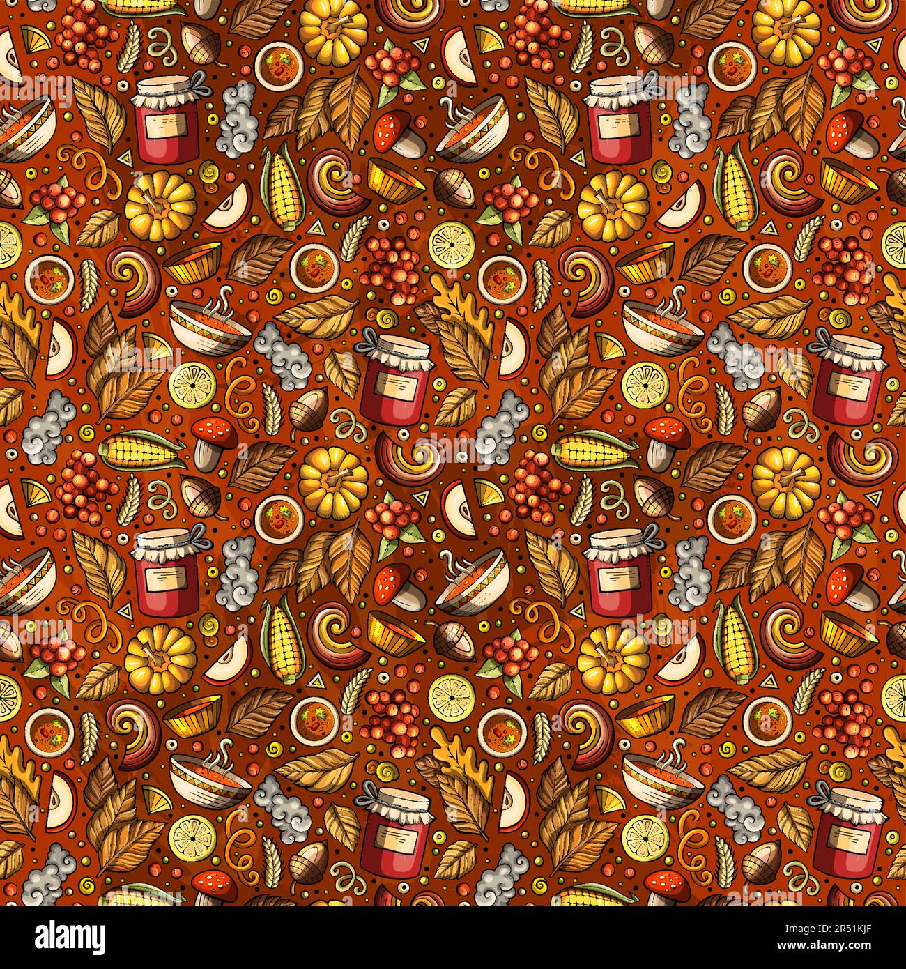 Cartoon cute Autumn seamless pattern. Colorful detailed, with lots of ...