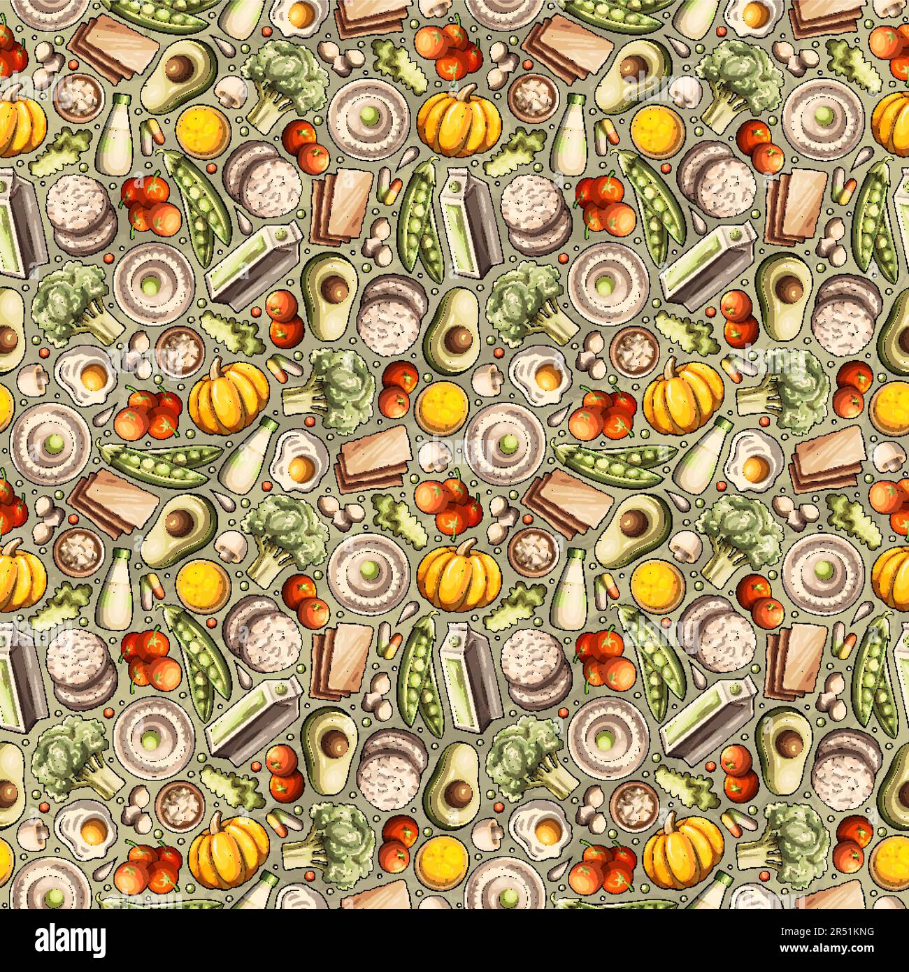 Cartoon cute doodles Diet food seamless pattern. Colorful detailed ...