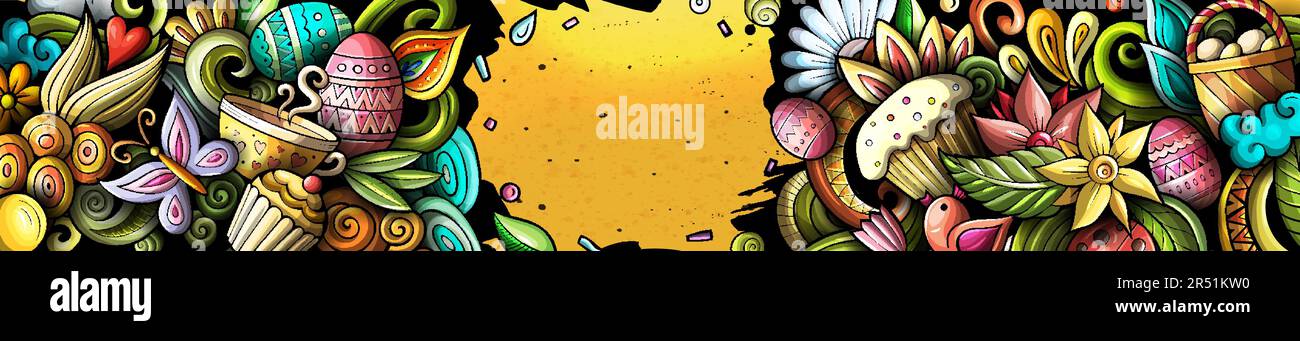 Cartoon cute colorful vector doodles Happy Easter horizontal banner ...