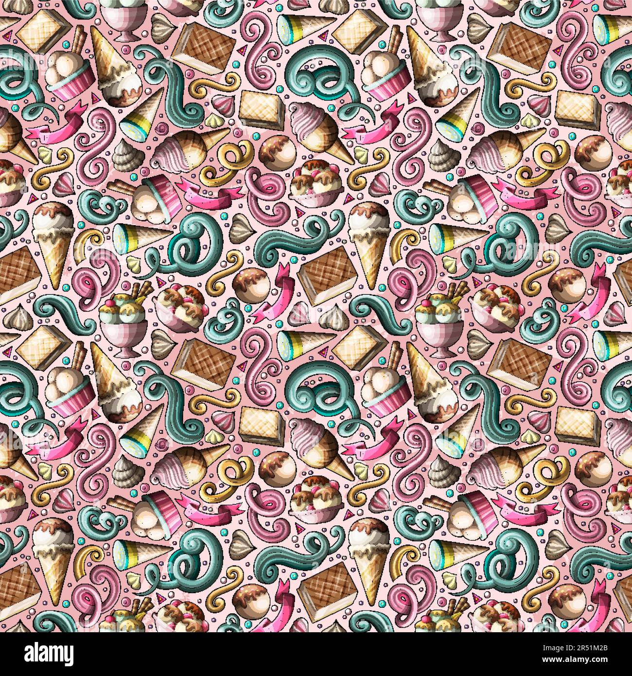 Cartoon doodles Ice-cream seamless pattern. Backdrop with ice cream ...
