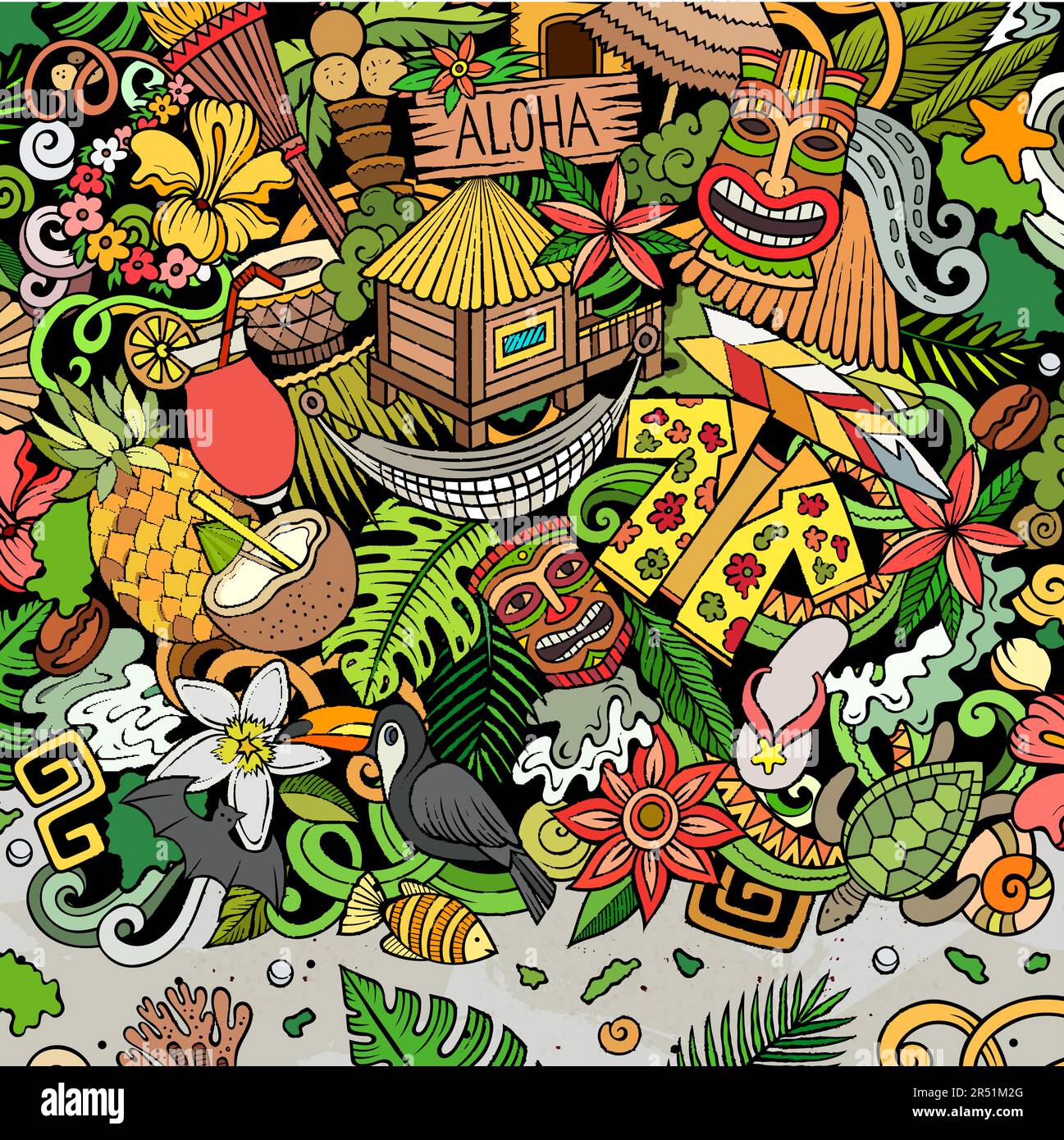 Hawaii cartoon vector doodles frame. Hawaian border design. Tropical ...