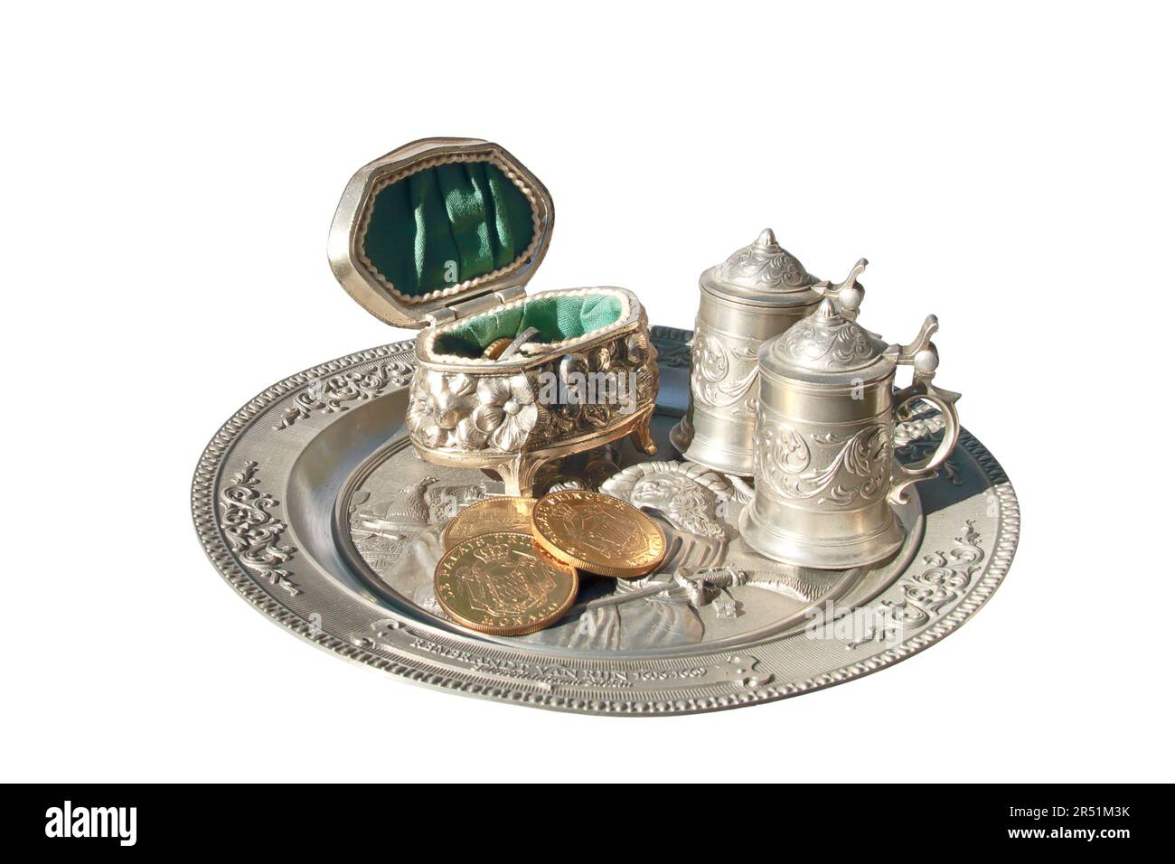 Pictured inlaid metal tray on which lay yellow box with coins and two ...