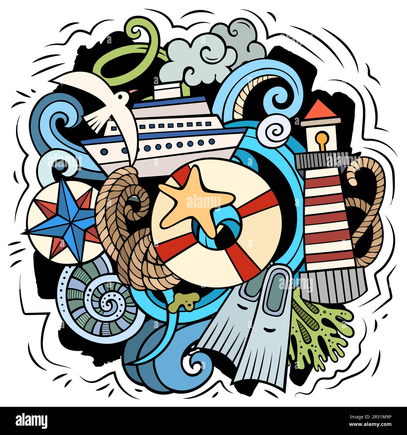 Nautical cartoon vector illustration. Colorful detailed composition ...