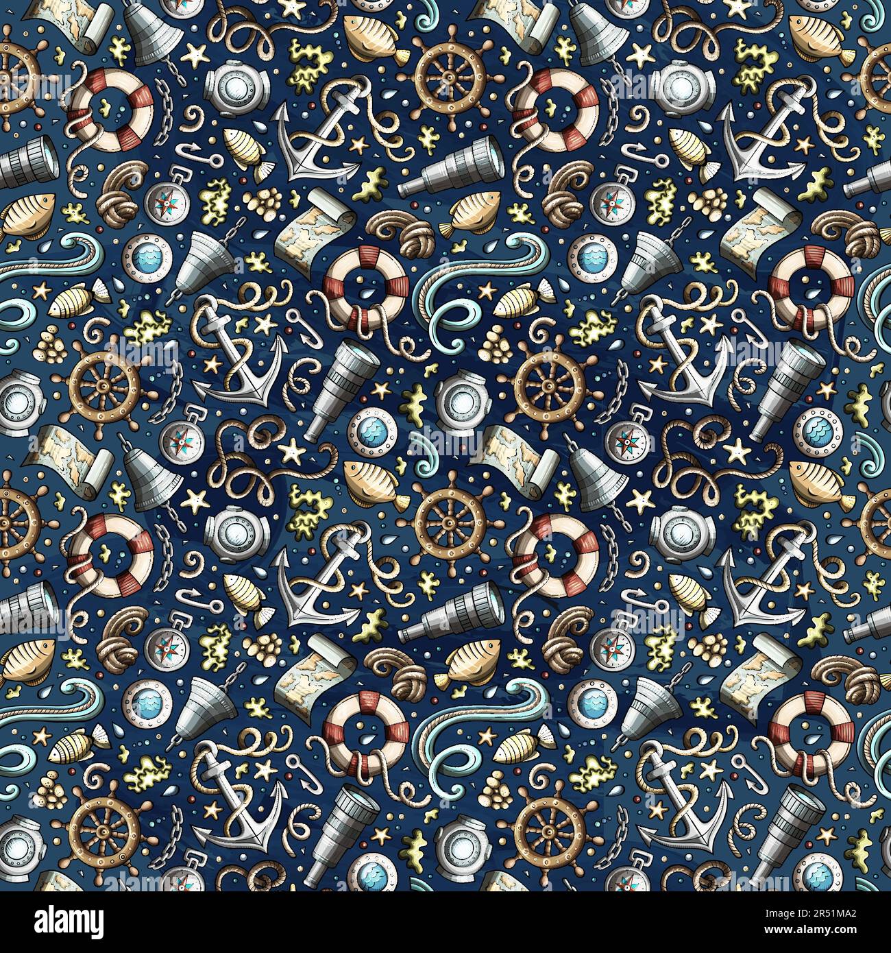Cartoon doodles Nautical seamless pattern. Backdrop with maritime ...