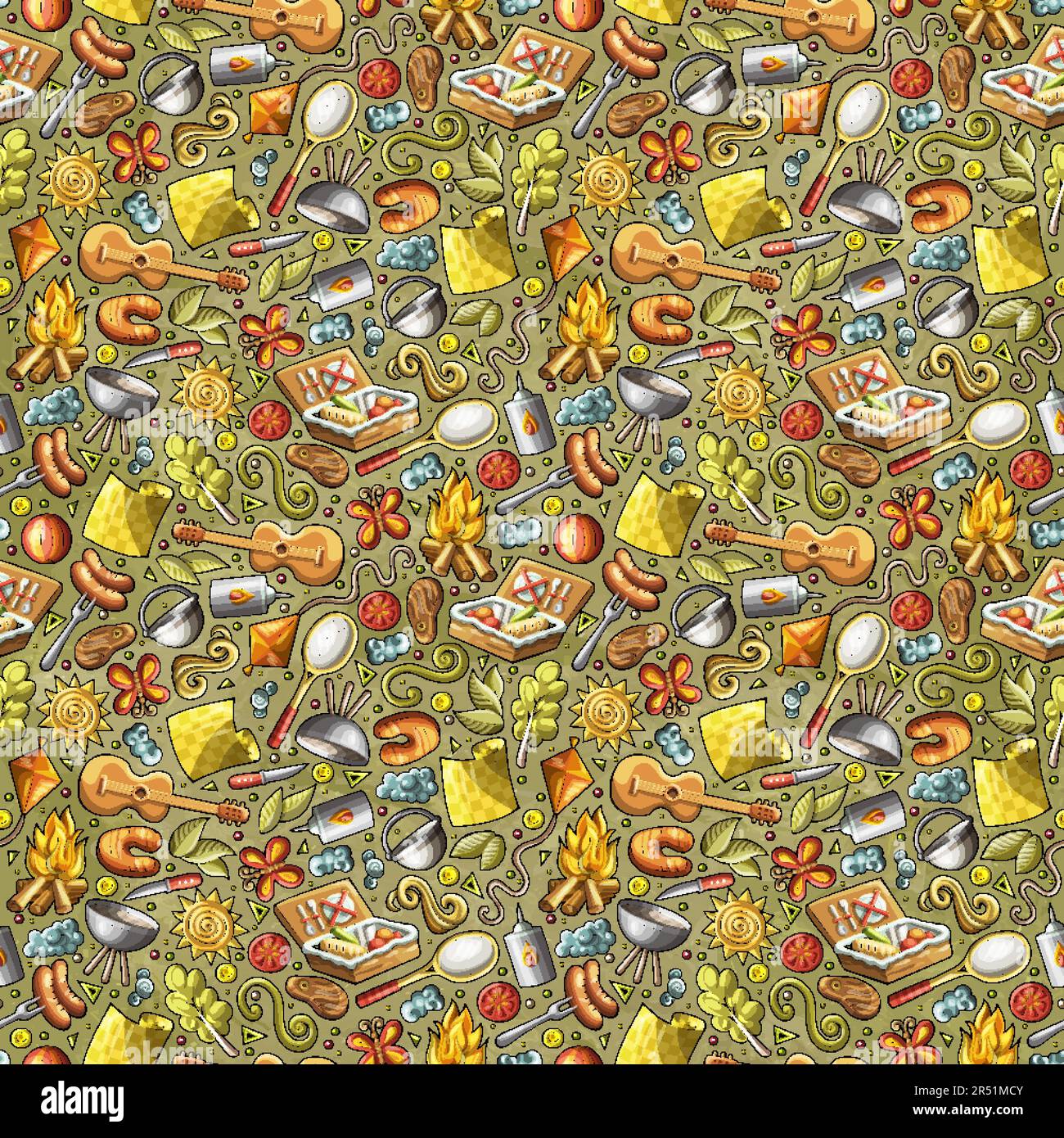 Cartoon cute Picnic seamless pattern. Colorful detailed, with lots of ... Cartoon cute Picnic seamless pattern. Colorful detailed, with lots of ...