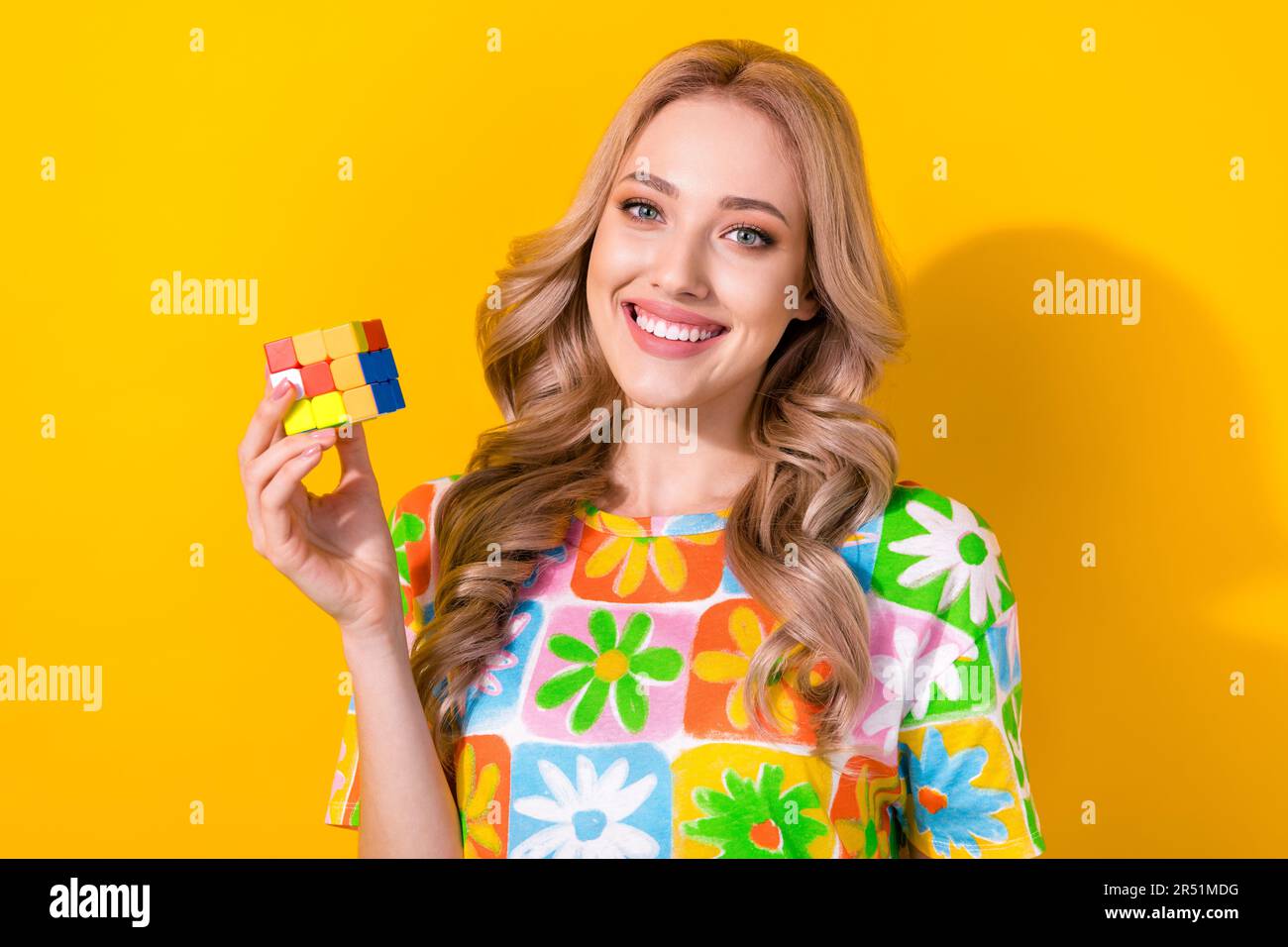 Photo of smart clever gorgeous girl with curly hairstyle dressed ...