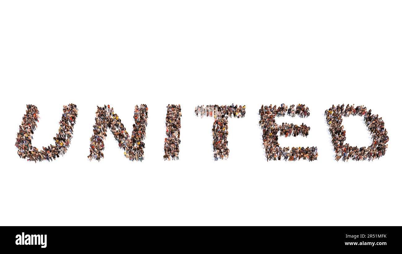 Concept conceptual large community of people forming UNITED word. 3d ...