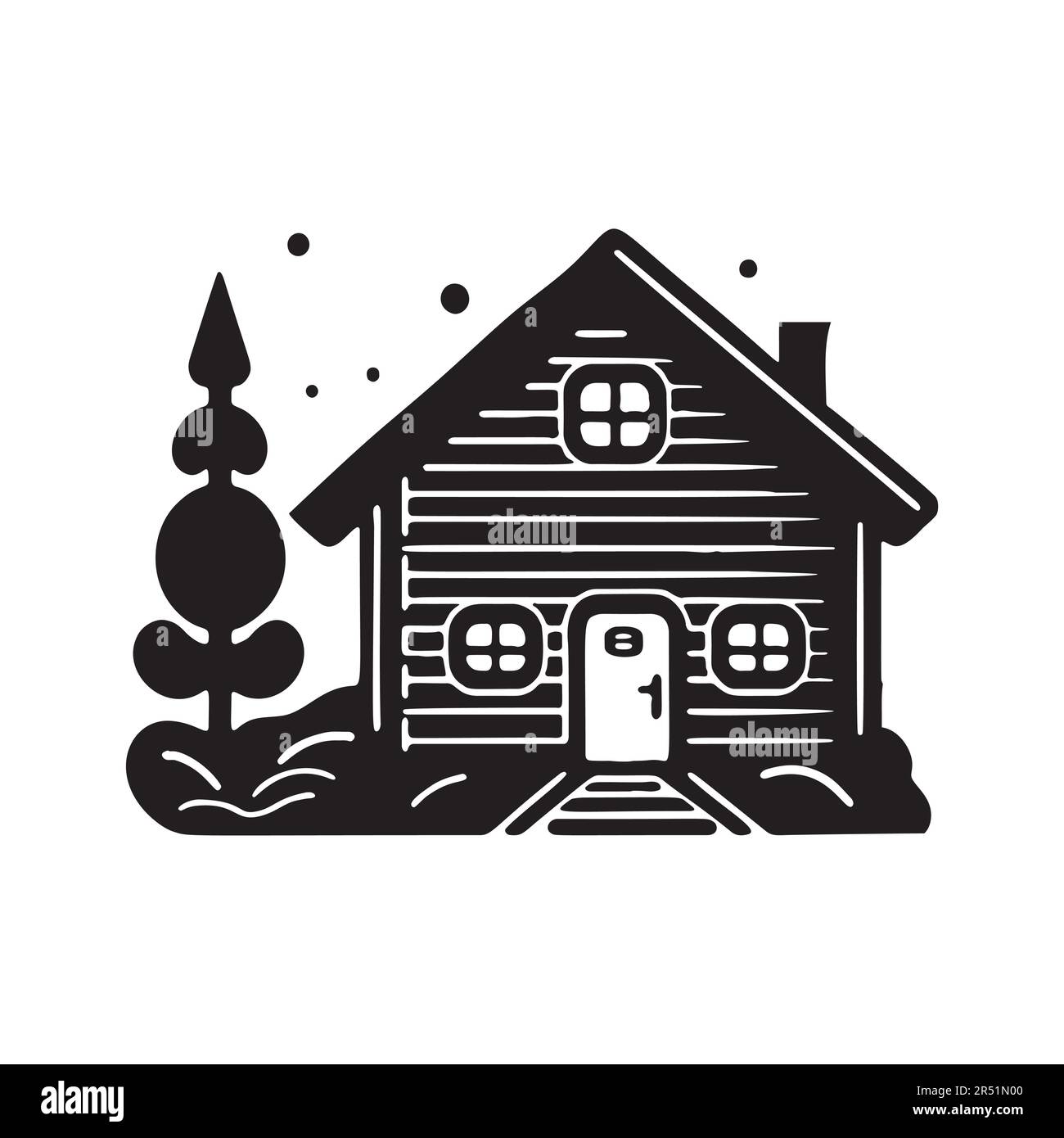 Wooden log cabin in scandi linocut style vector illustration. Alpine ...